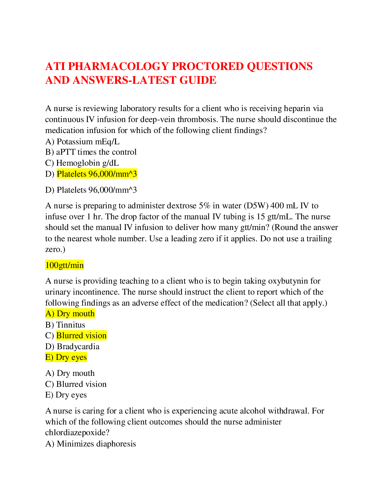 ATI PHARMACOLOGY PROCTORED QUESTIONS AND ANSWERS-LATEST GUIDE ... ATI PHARMACOLOGY PROCTORED QUESTIONS AND ANSWERS-LATEST GUIDE ...